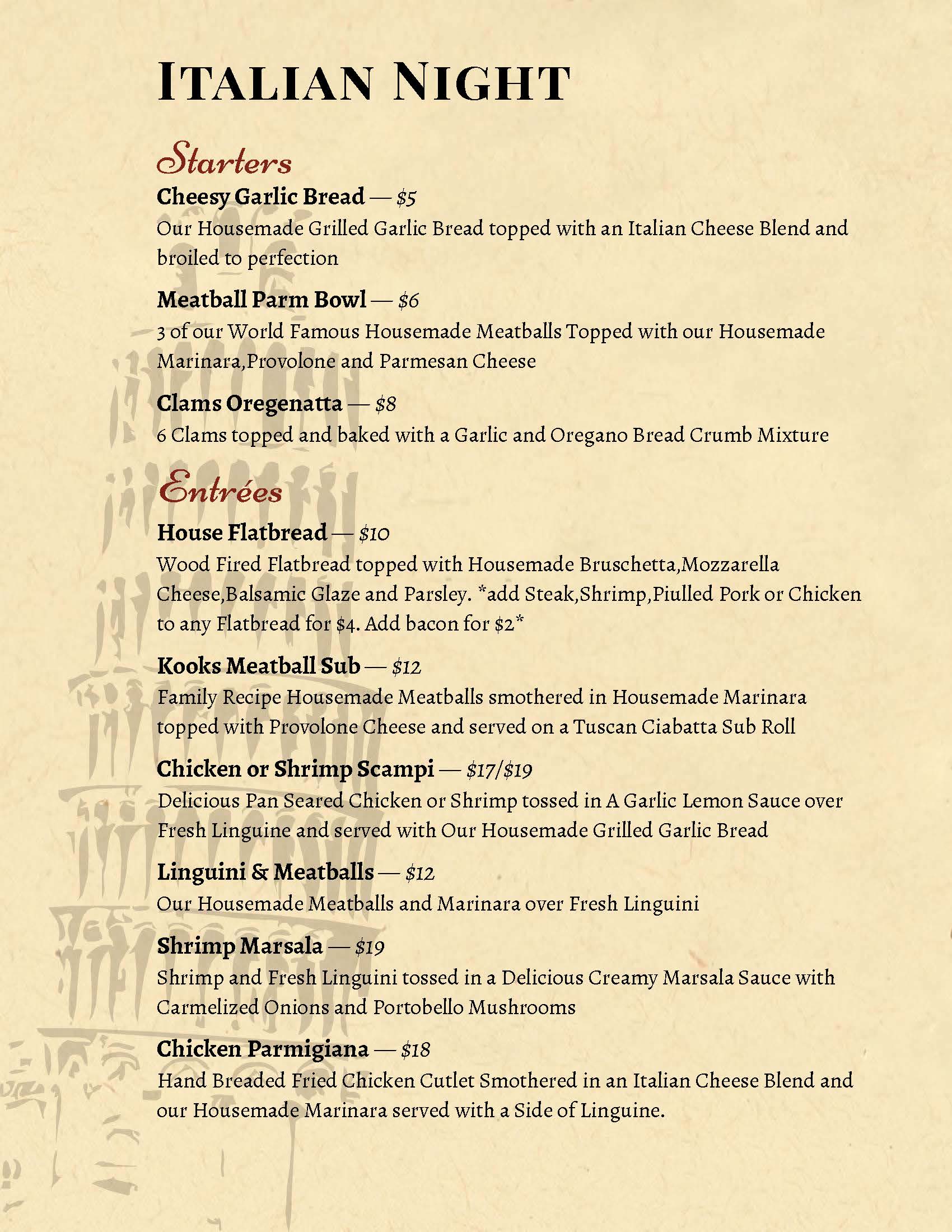 Italian Night Menu – (607) 210-6080